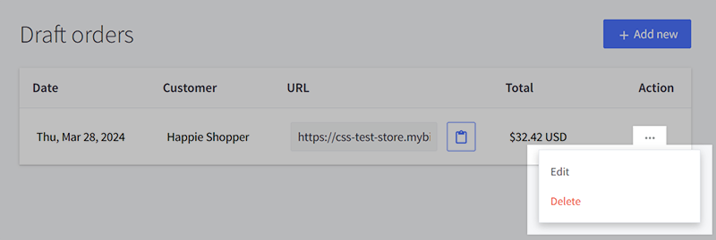 The Draft orders page showing Edit and Delete options under the action button